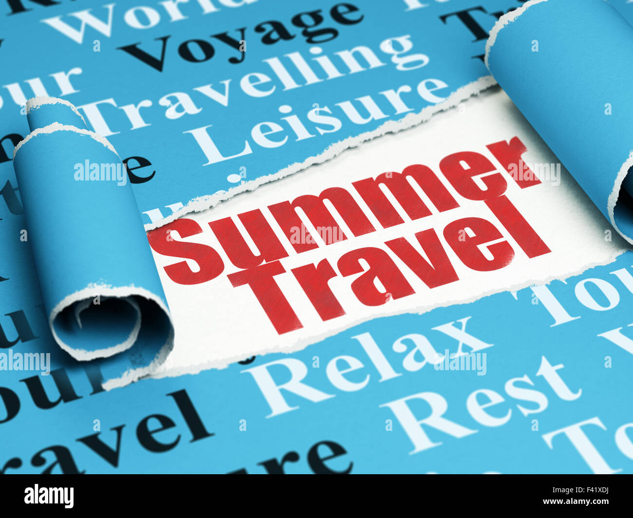 Vacation concept: red text Summer Travel under the piece of torn paper ...