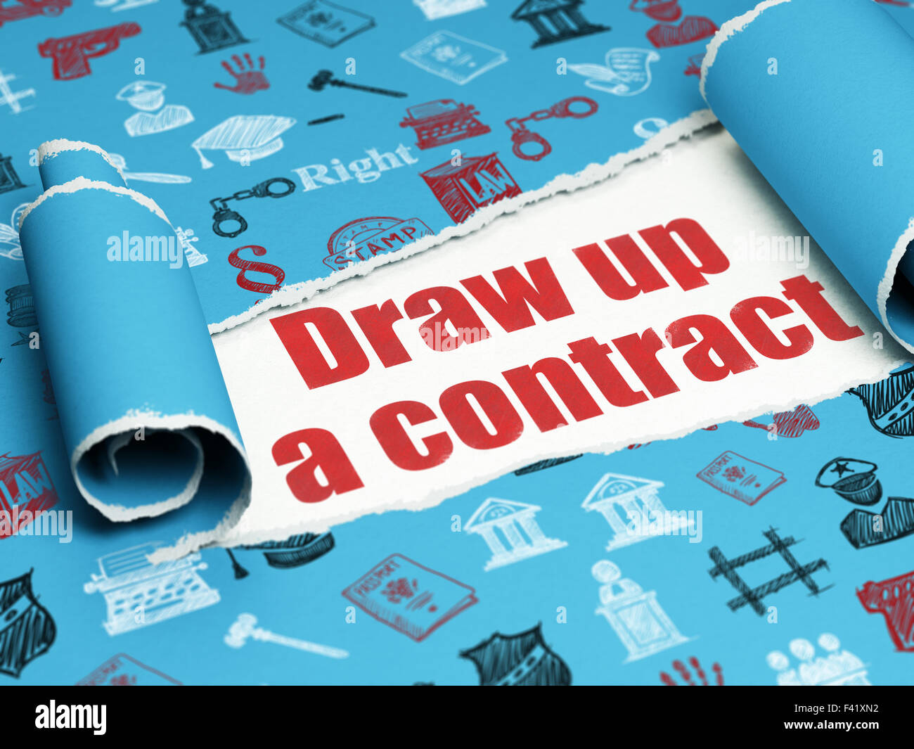 Law concept: red text Draw up A contract under the piece of torn paper ...