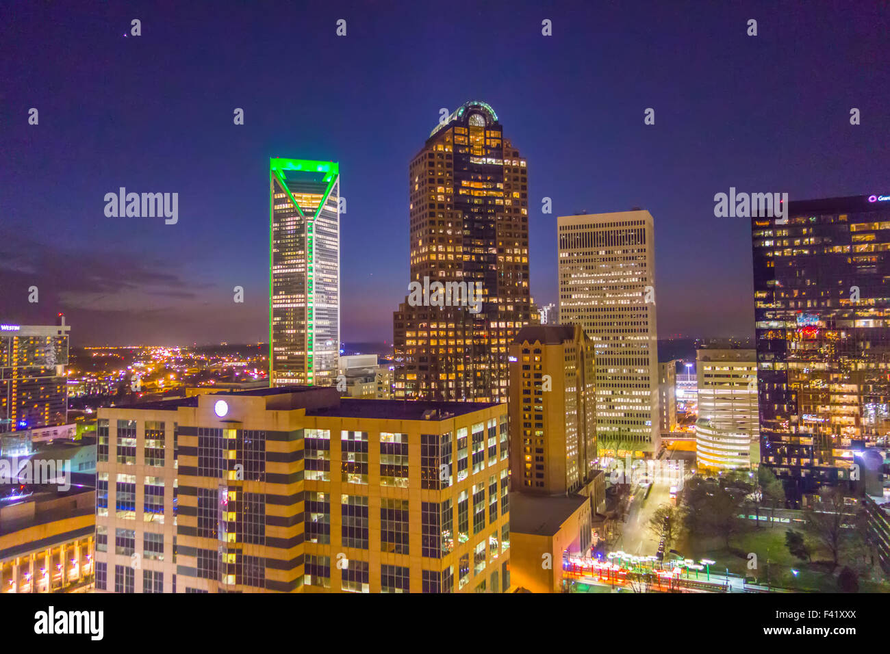 view of charlotte skyline aerial at sunset Stock Photo - Alamy