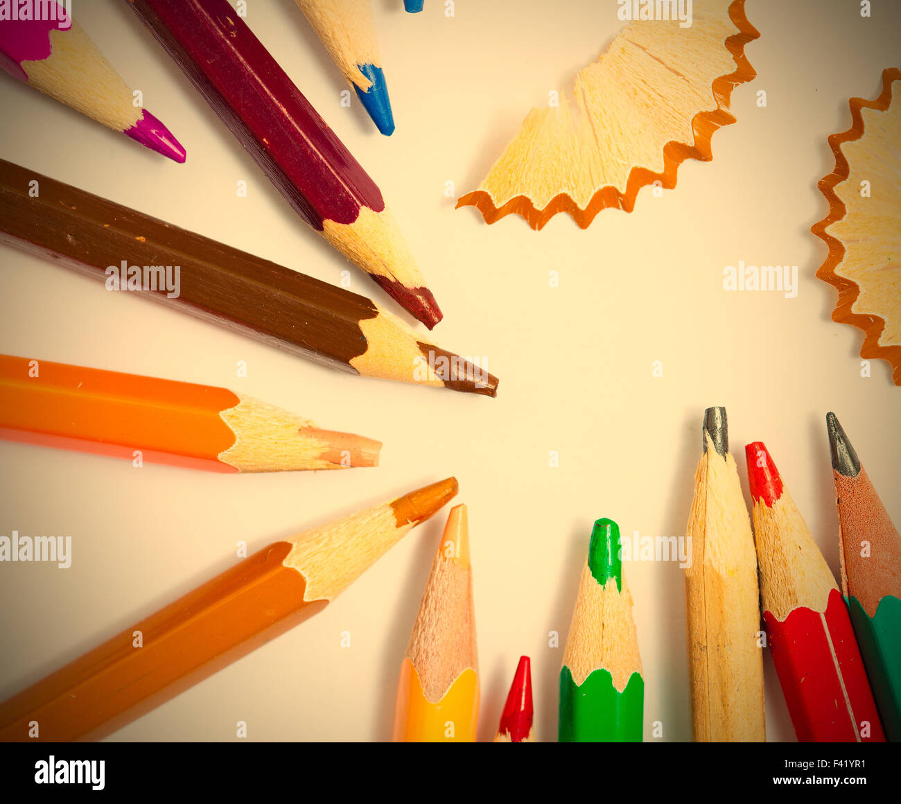 vintage colored pencils with chips Stock Photo - Alamy