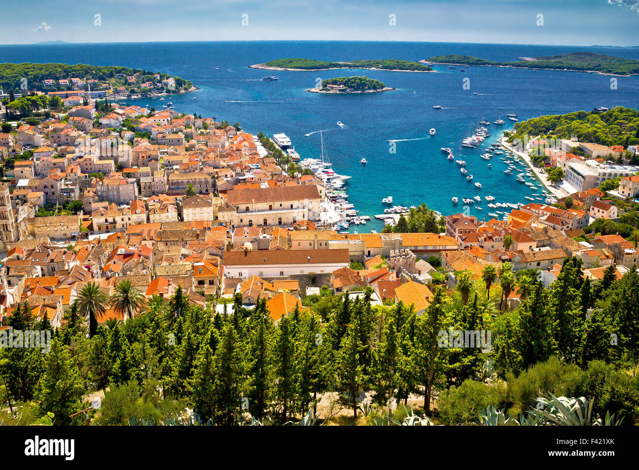 Aerial view of Hvar rooftops and harbor Stock Photo - Alamy