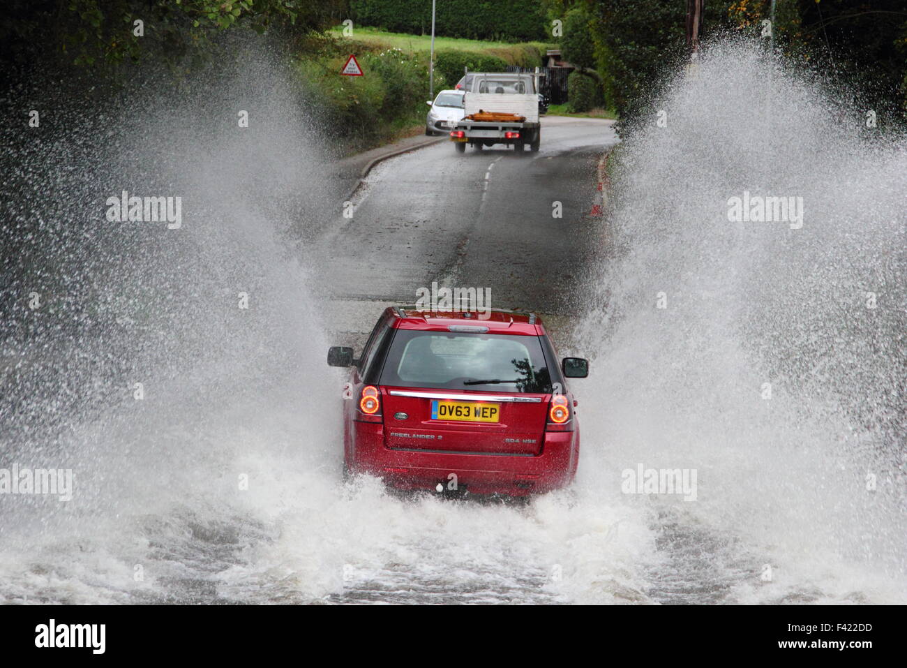 A car drives through the ford on the A614 by Rufford Mill near Rufford ...
