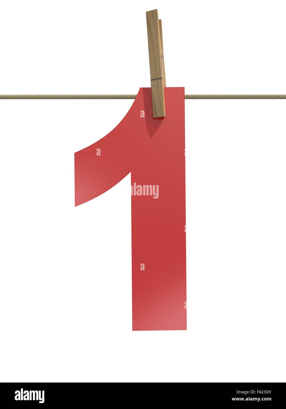 Rope with clothespin and number 1, 3d illustration isolated on white ...