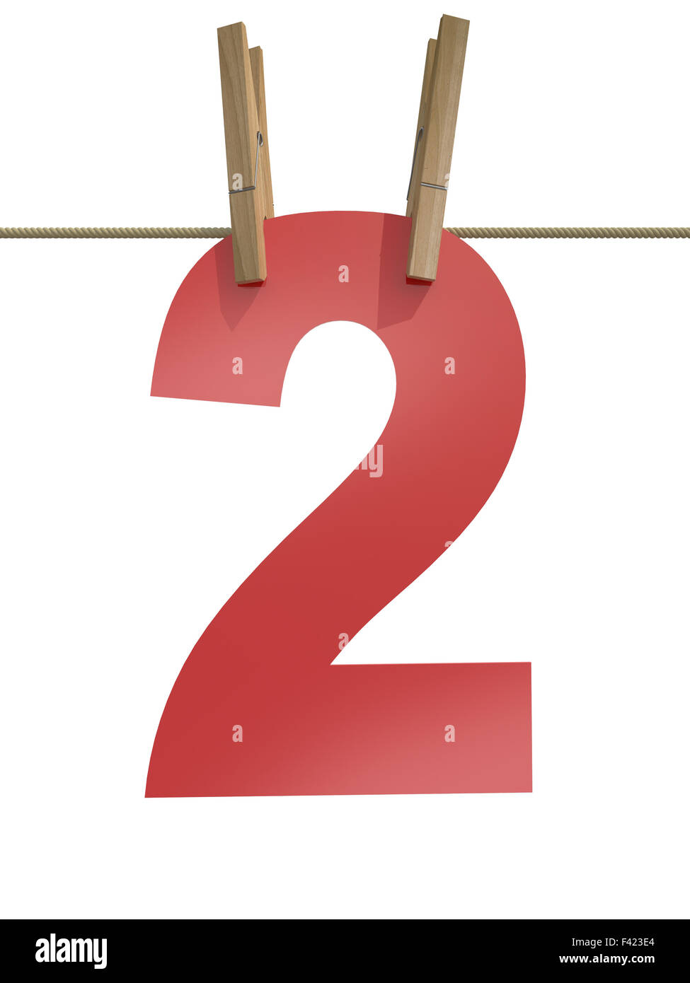 Rope with clothespin and number 2, 3d illustration isolated on white ...