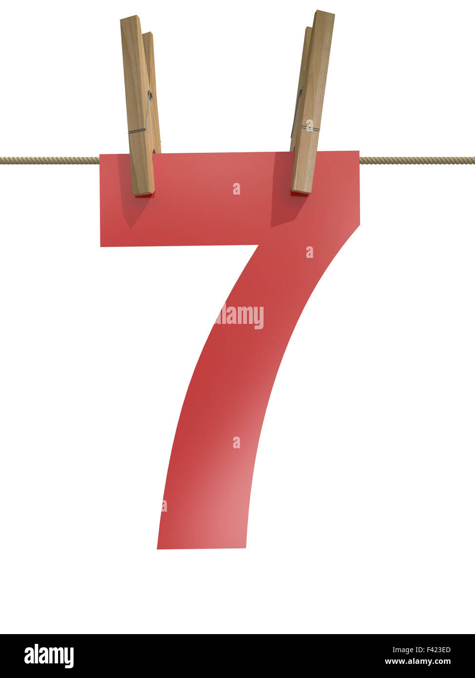 Rope with clothespin and number 7, 3d illustration isolated on white ...