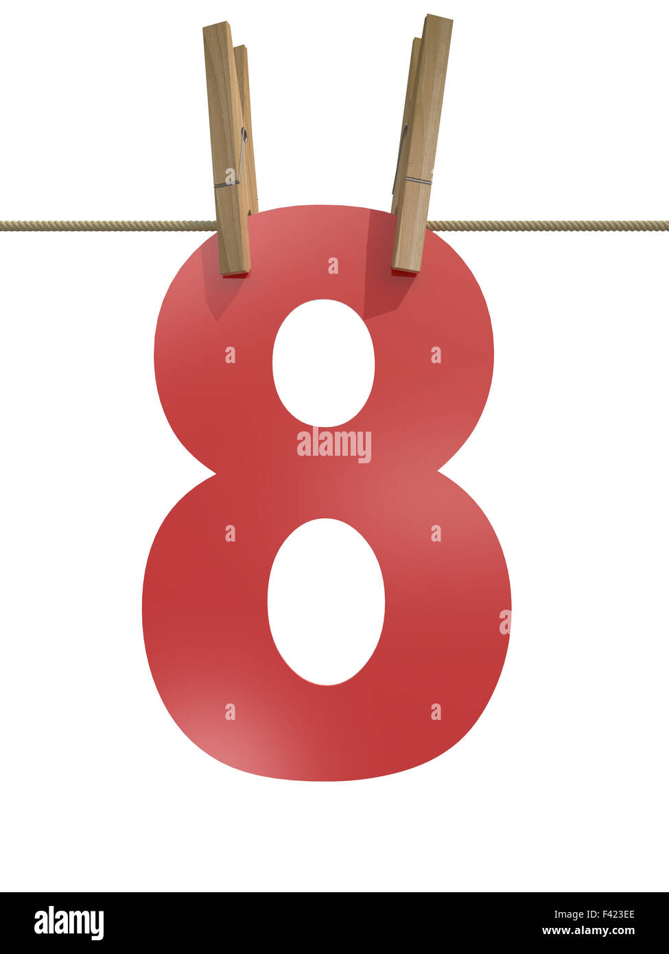 Rope with clothespin and number 8, 3d illustration isolated on white ...