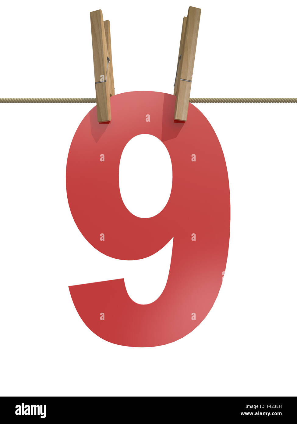 Rope with clothespin and number 9, 3d illustration isolated on white ...