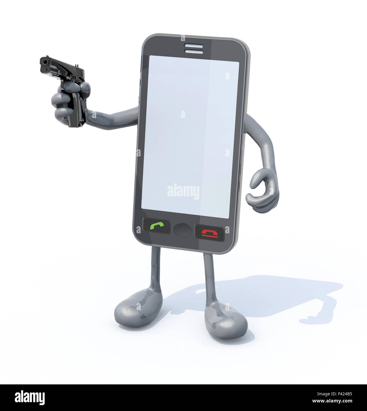 smartphone with arms legs and gun on hand, 3d illustration Stock Photo ...