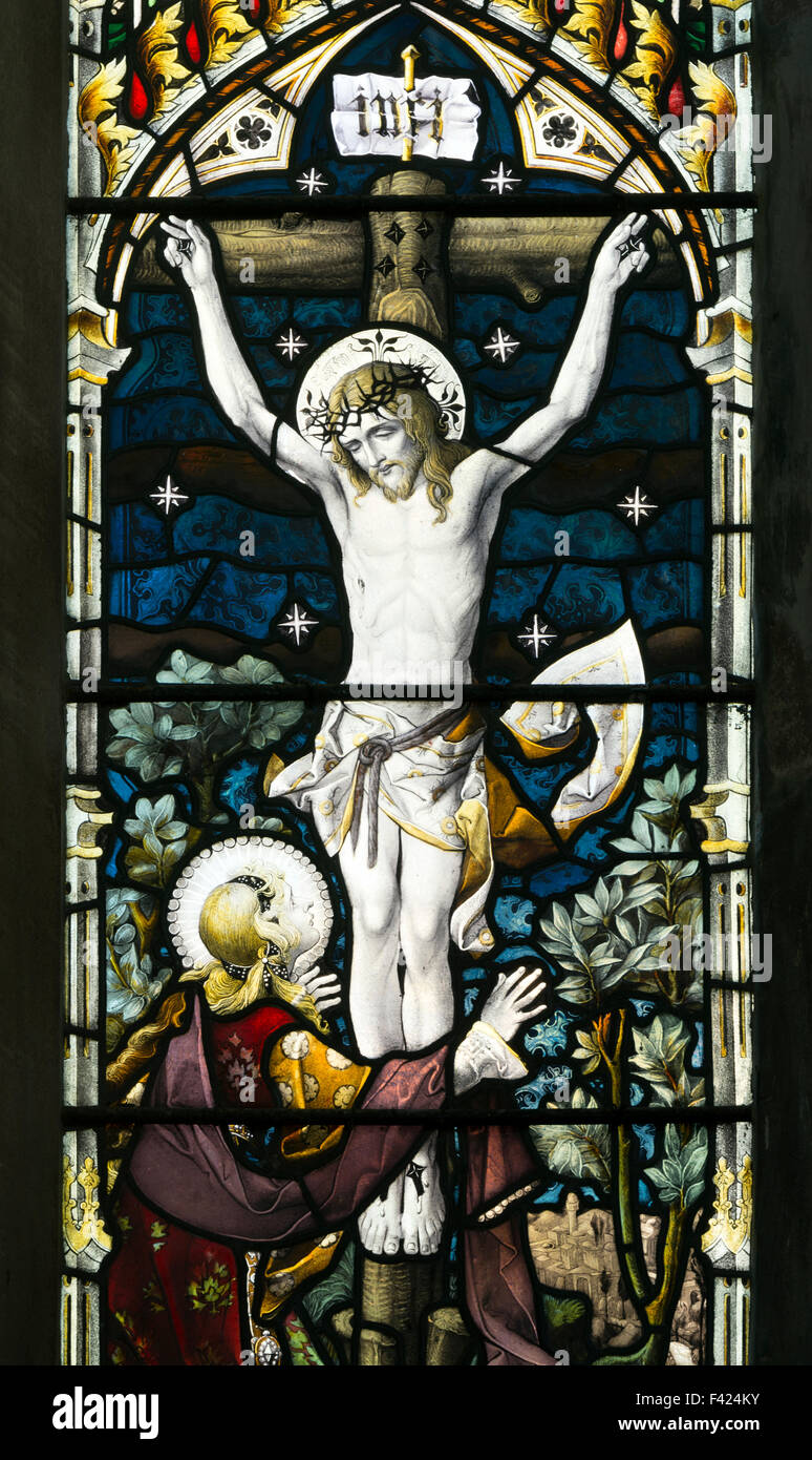 Crucifixion stained glass, St. Lawrence`s Church, Napton, Warwickshire ...