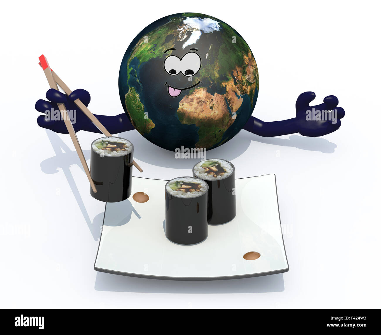 planet earth eating sushi with chopsticks, 3d illustration isolated on ...