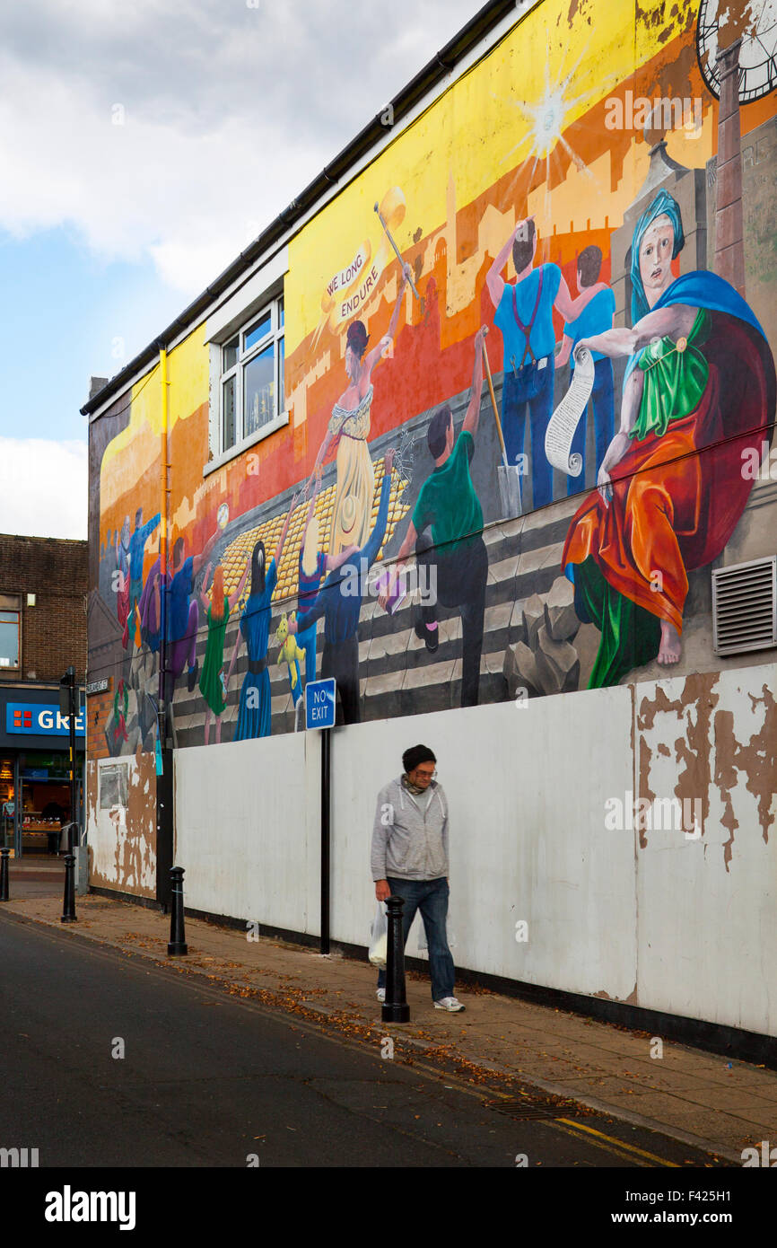 The Shops and streets and painted mural of Colne in Lancashire, UK ...