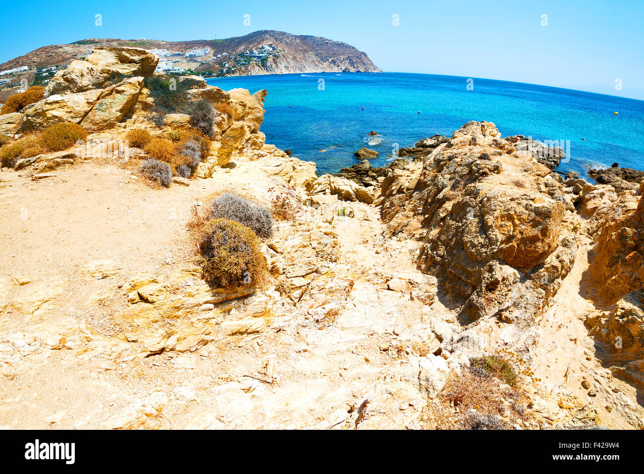 in greece the mykonos island rock sea and beach sky Stock Photo - Alamy