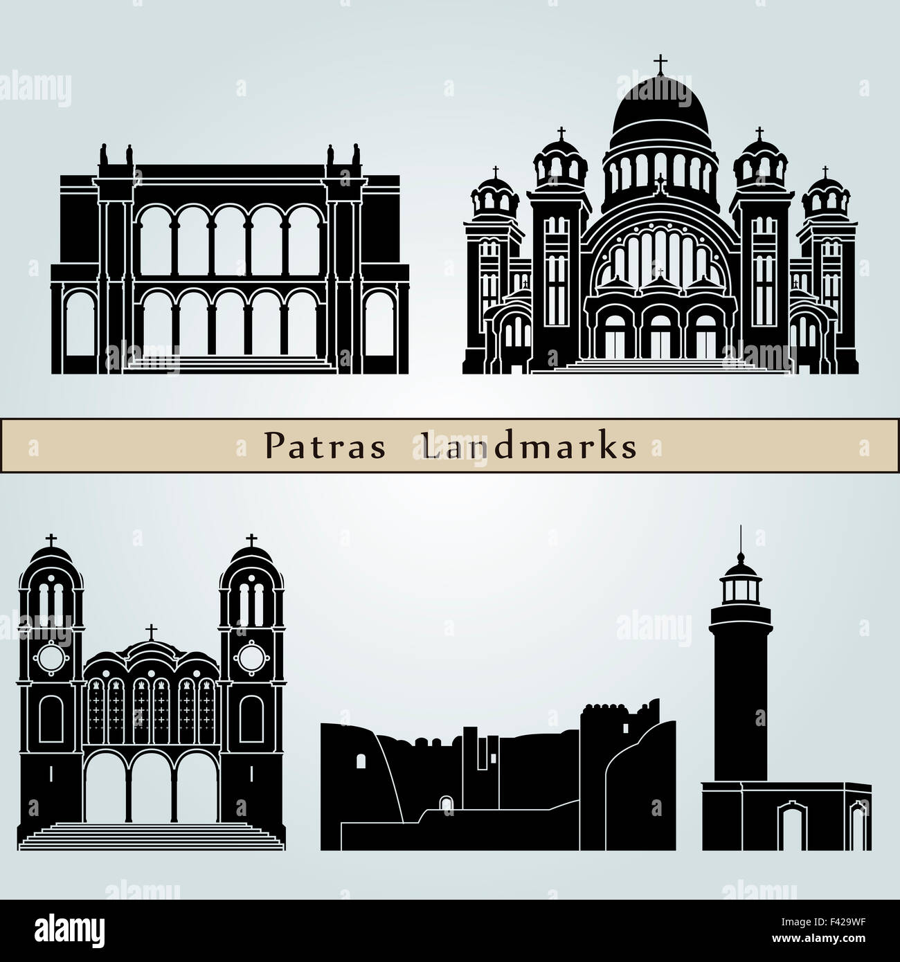 Patras landmarks and monuments isolated on blue background in editable ...