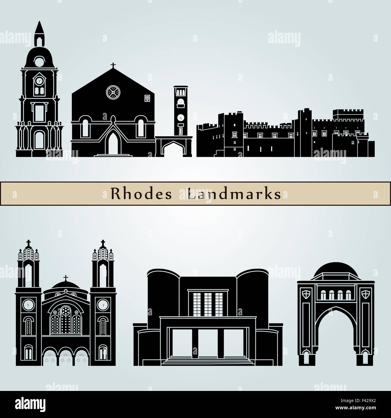 Rhodes landmarks and monuments isolated on blue background in editable ...