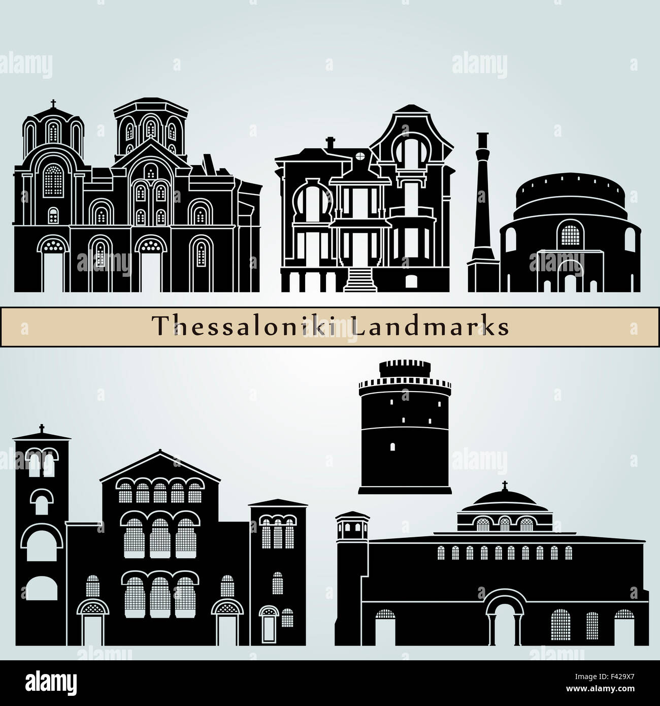 Thessaloniki landmarks and monuments isolated on blue background in ...