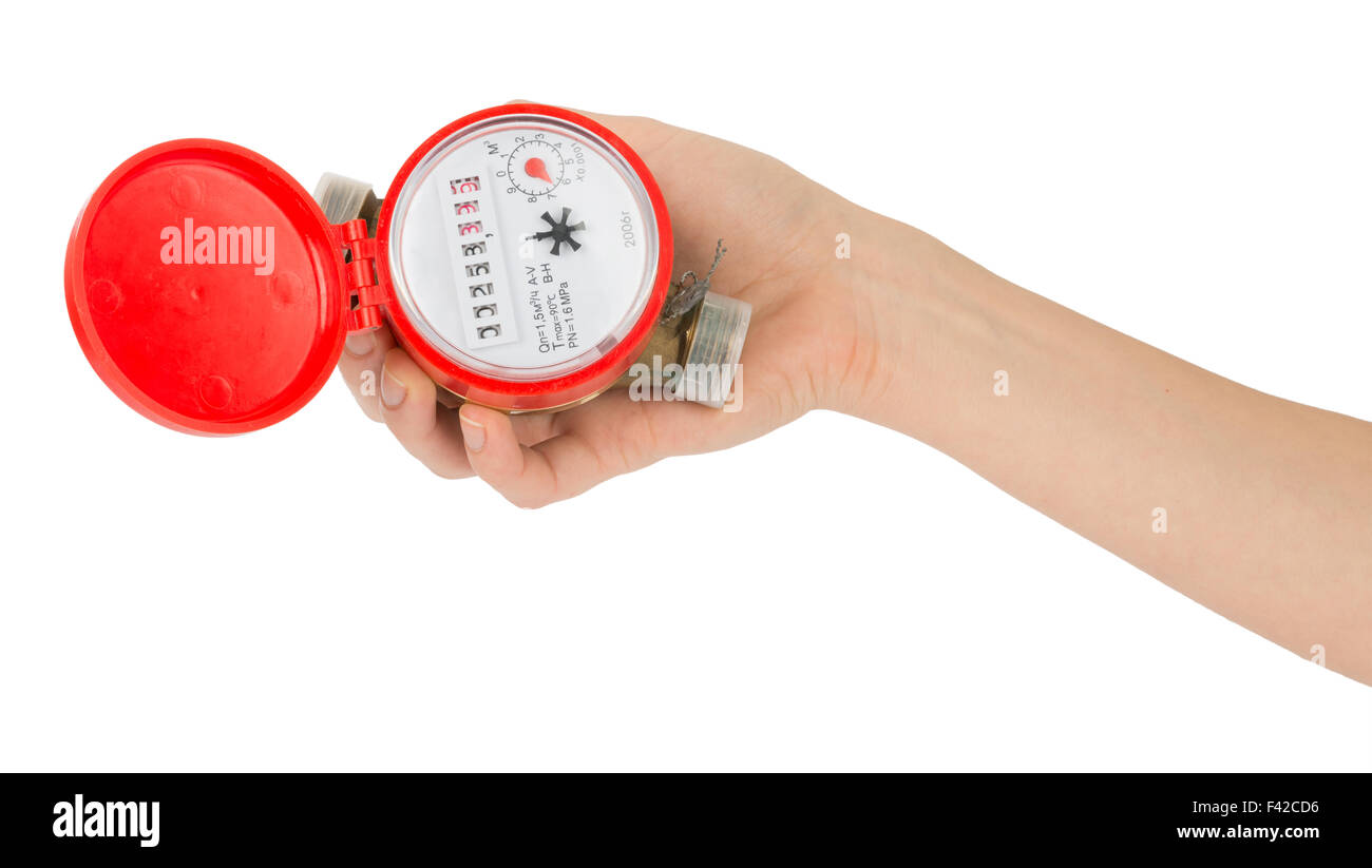 Humans arm holding water meter Stock Photo - Alamy