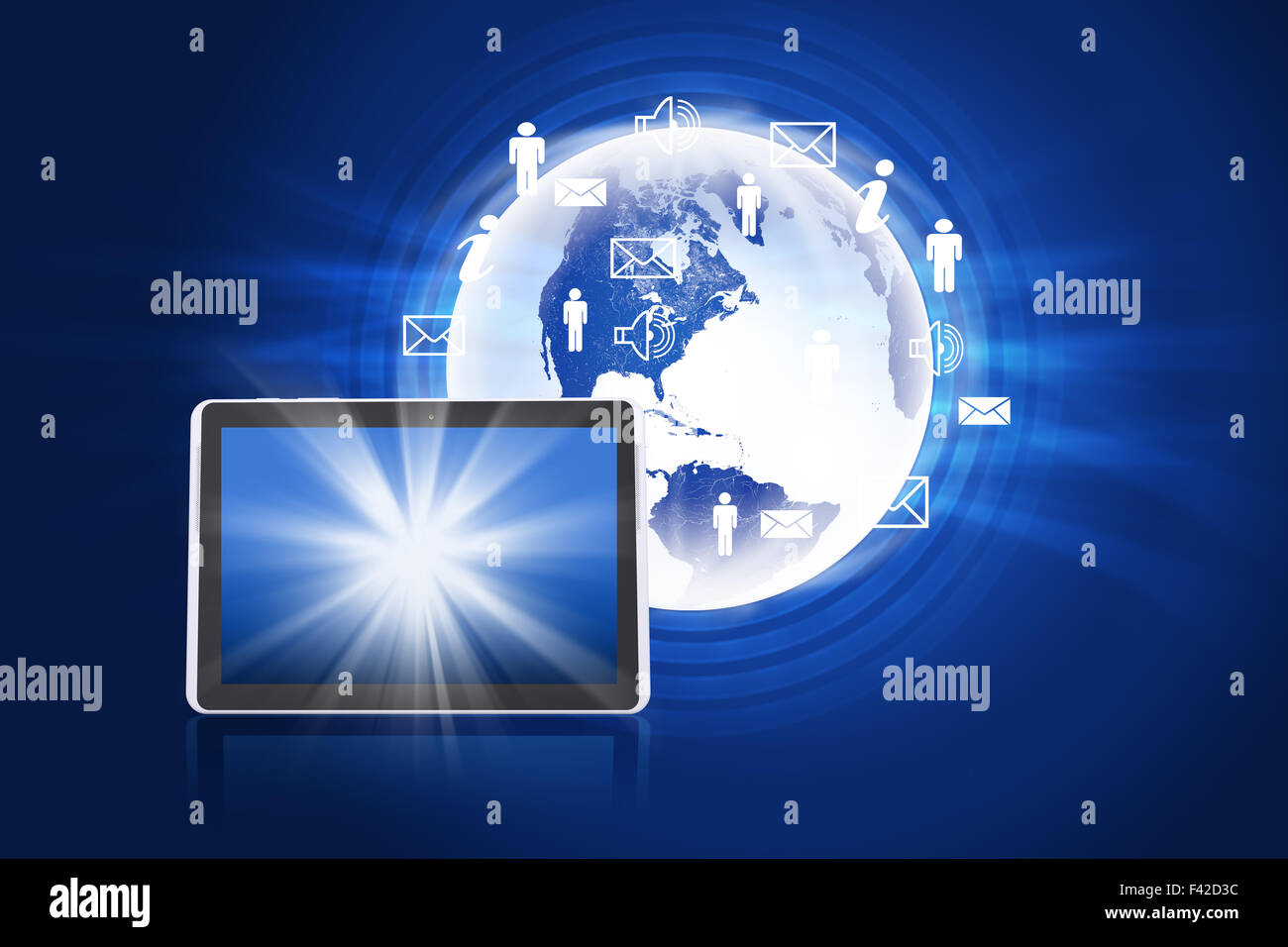 Earth with tablet and icons Stock Photo - Alamy