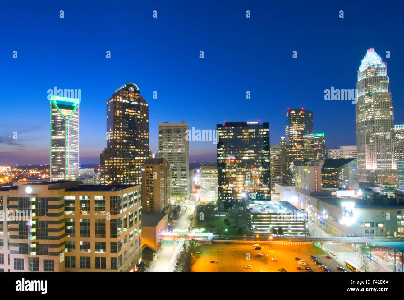 view of charlotte skyline aerial at sunset Stock Photo - Alamy