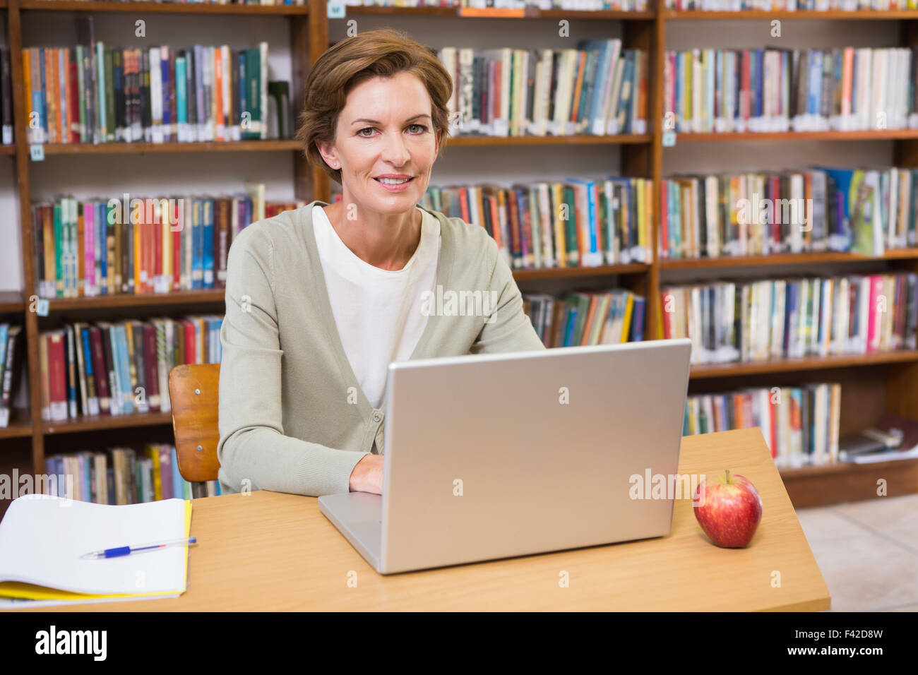 Smiling teacher using laptop at a desk Stock Photo - Alamy