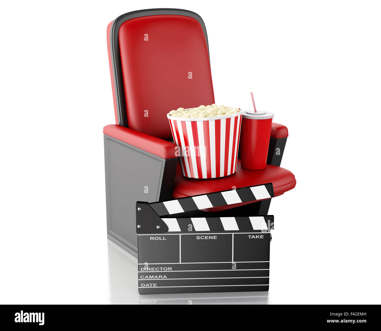 3d Cinema clapper board, popcorn and drink Stock Photo - Alamy