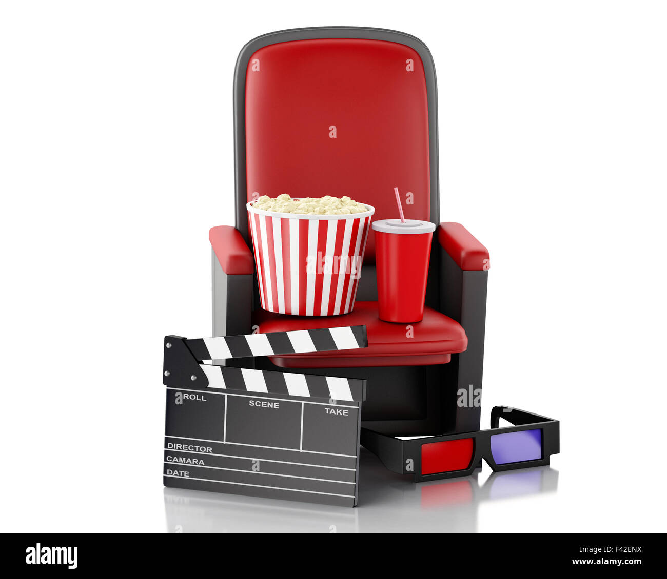 3d Cinema clapper board, popcorn and drink Stock Photo - Alamy