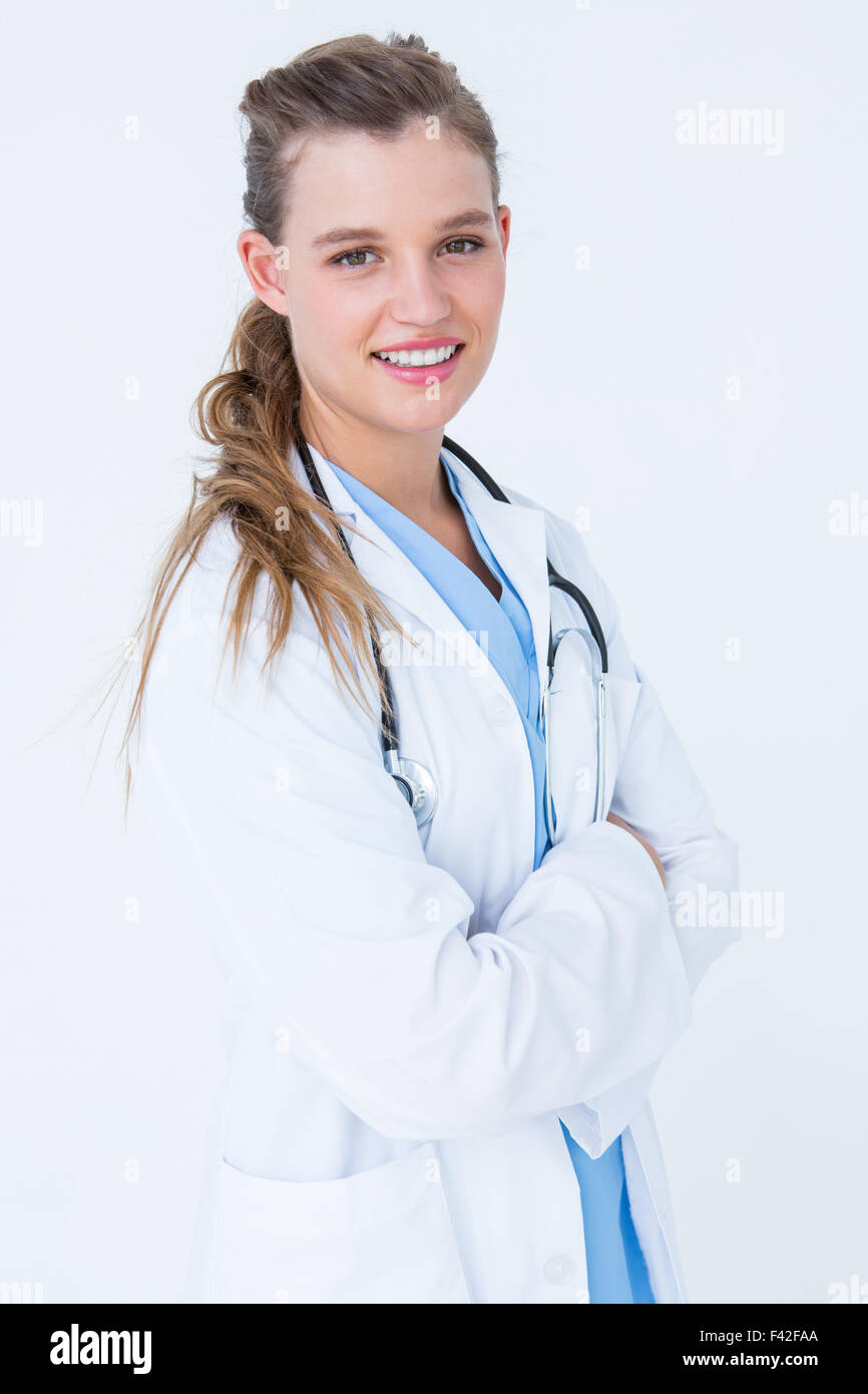 Caucasian doctor smiling camera arms hi-res stock photography and images - Alamy