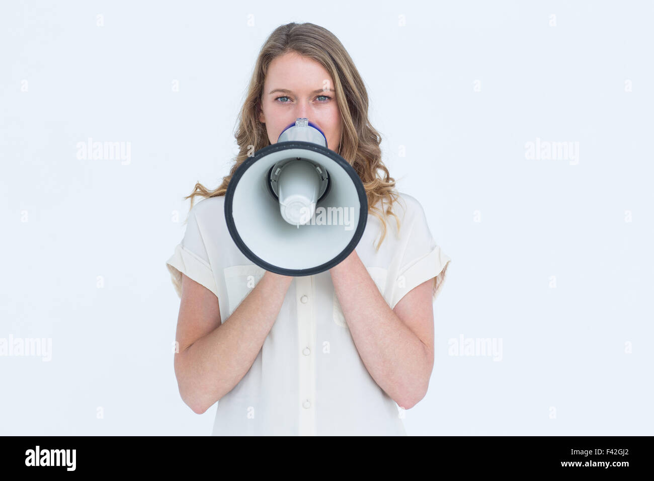 Woman talking through a megaphone hi-res stock photography and images ...
