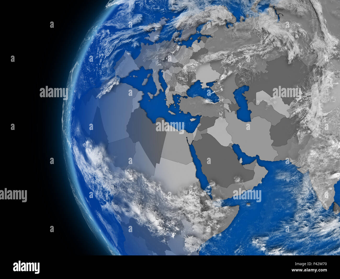 Illustration of EMEA region on political globe with atmospheric ...