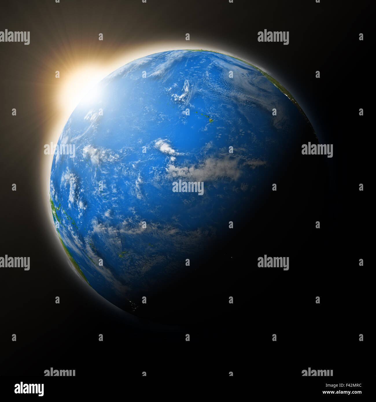 Sun over Pacific Ocean on blue planet Earth isolated on black ...