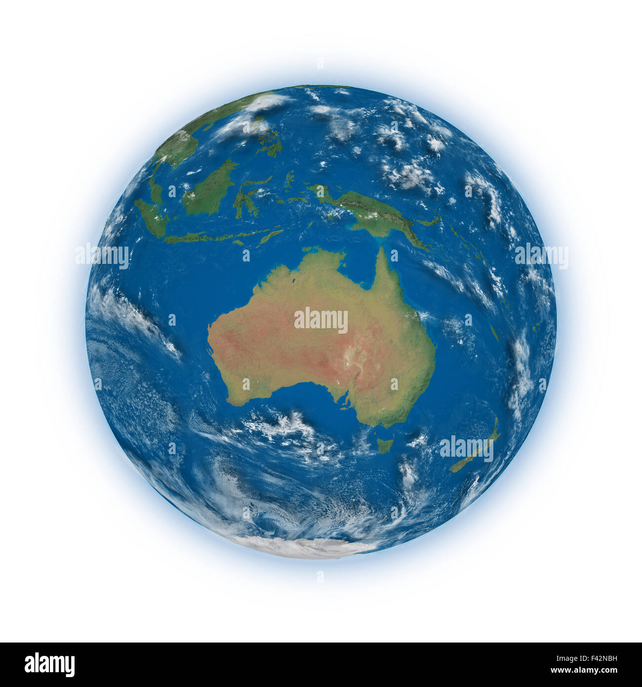 Australia on blue planet Earth isolated on white background. Highly ...