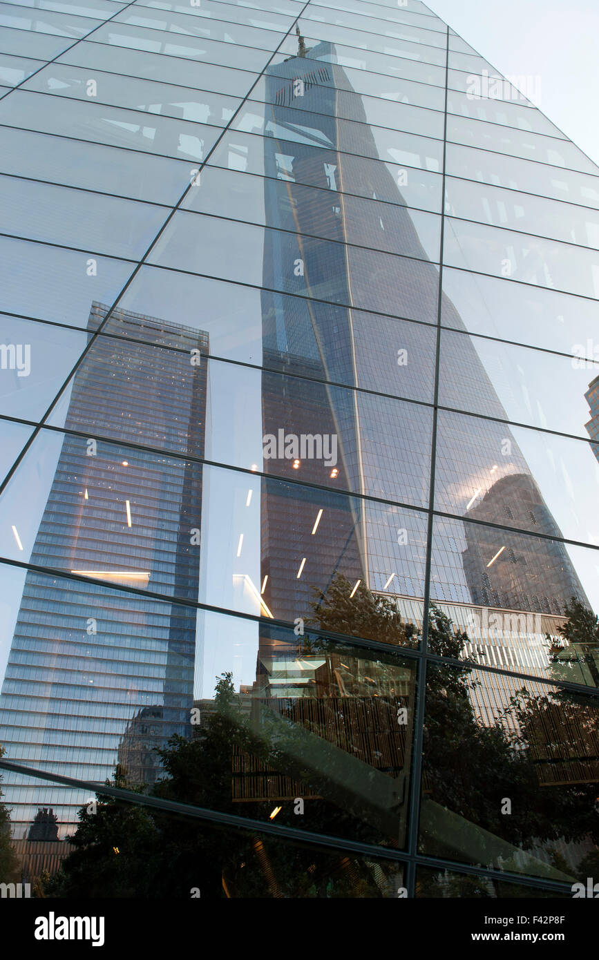 One World Trade Center reflected on building facade, Manhattan, New ...