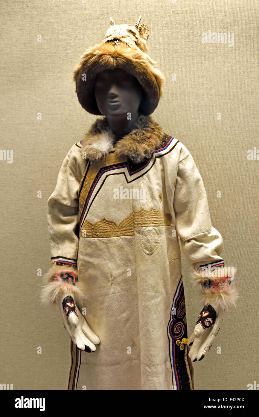 Girl's pieced skin robe with fur trimmed hem Oroqen nationality ...