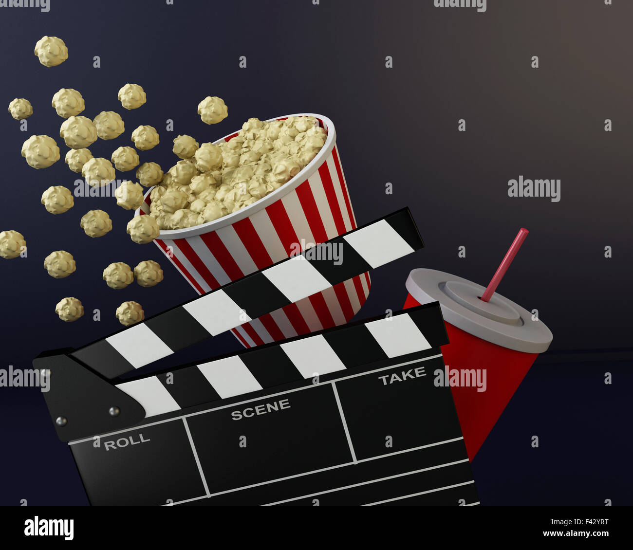 3d Cinema clapper board, popcorn and drink Stock Photo - Alamy