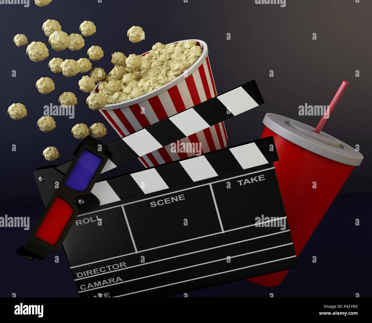 3d Cinema clapper board, popcorn and drink Stock Photo - Alamy