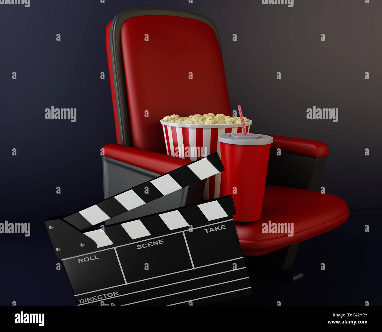 3d Cinema clapper board, popcorn and drink Stock Photo - Alamy