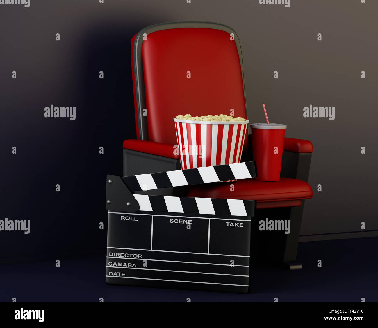 3d Cinema clapper board, popcorn and drink Stock Photo - Alamy