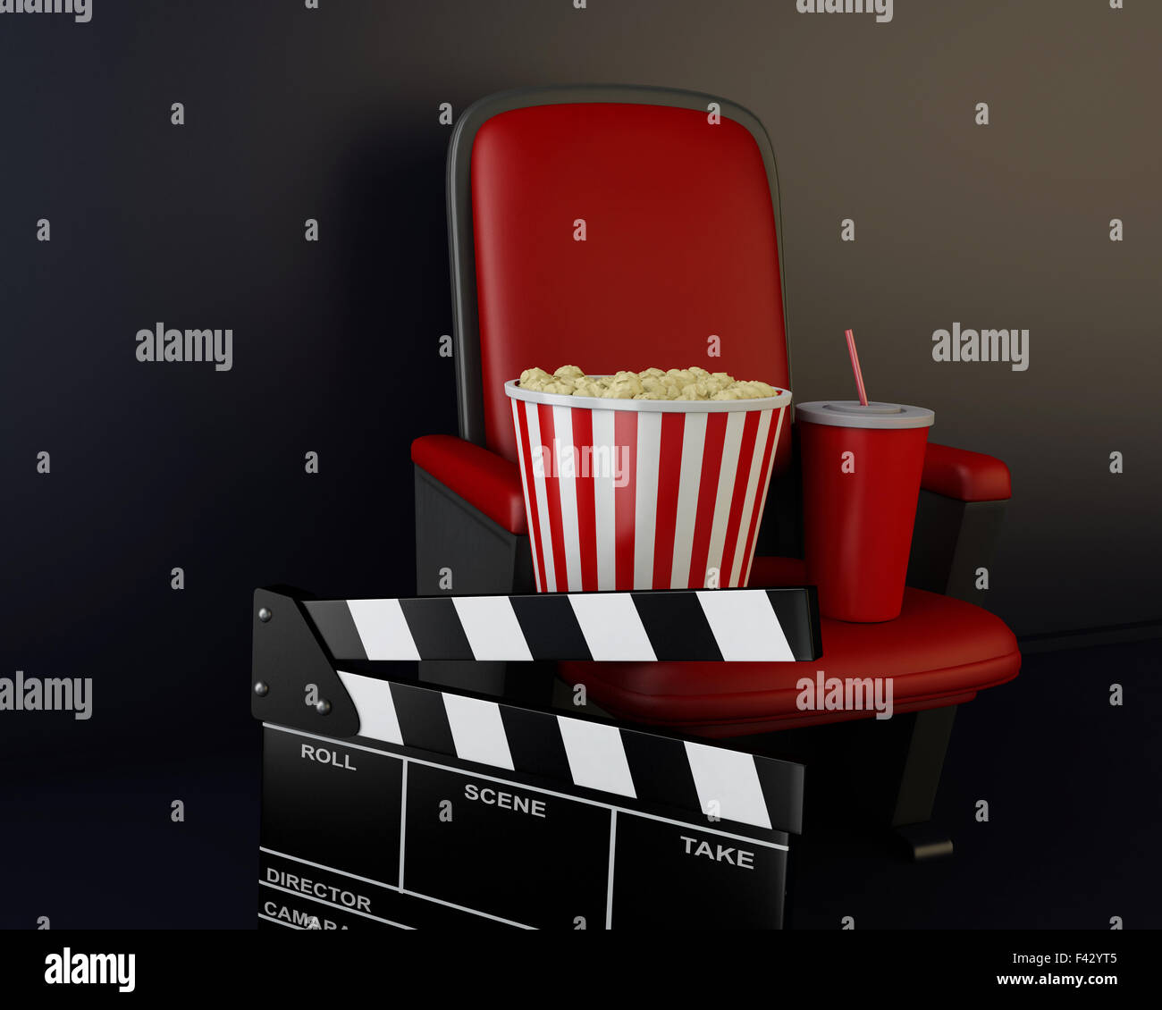 3d Cinema clapper board, popcorn and drink Stock Photo - Alamy