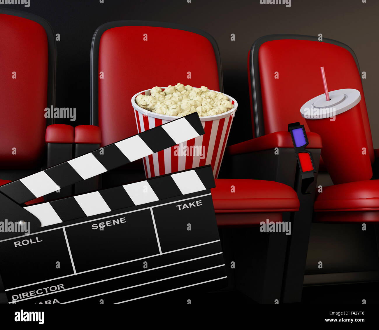 3d Cinema clapper board, popcorn and drink Stock Photo - Alamy