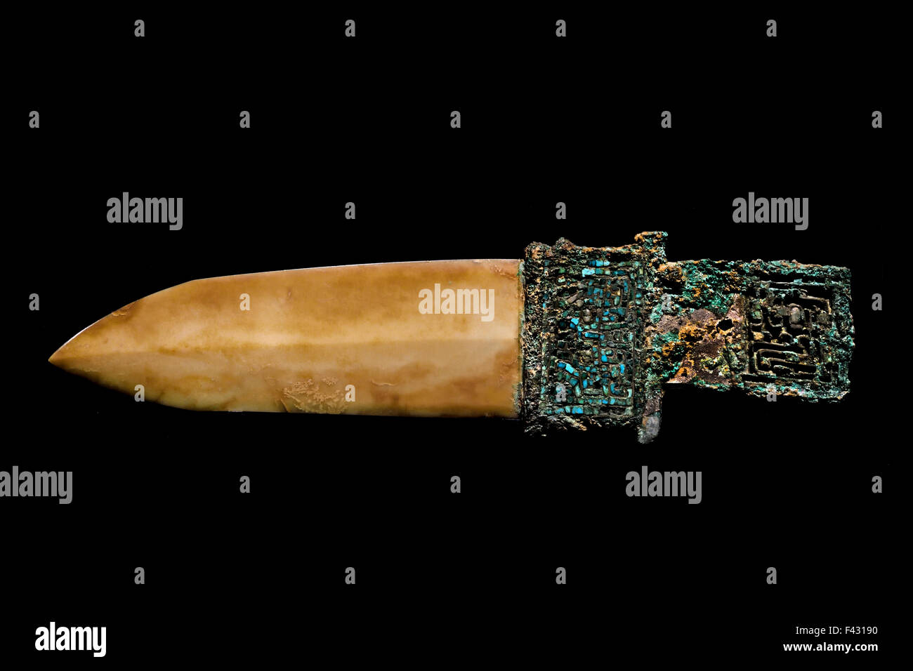 Ge (Halberd) Jade with a turquoise inlaid bronze haft from the late ...