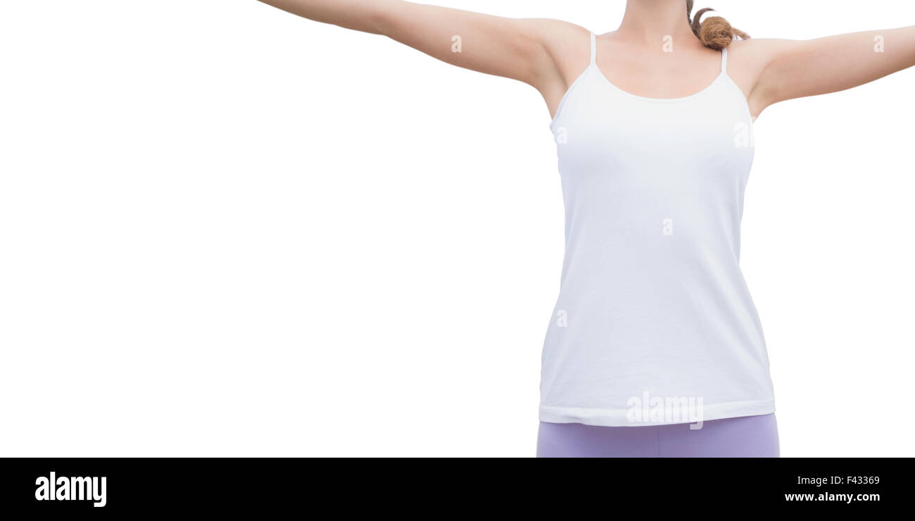 Woman standing with arms raised Stock Photo - Alamy