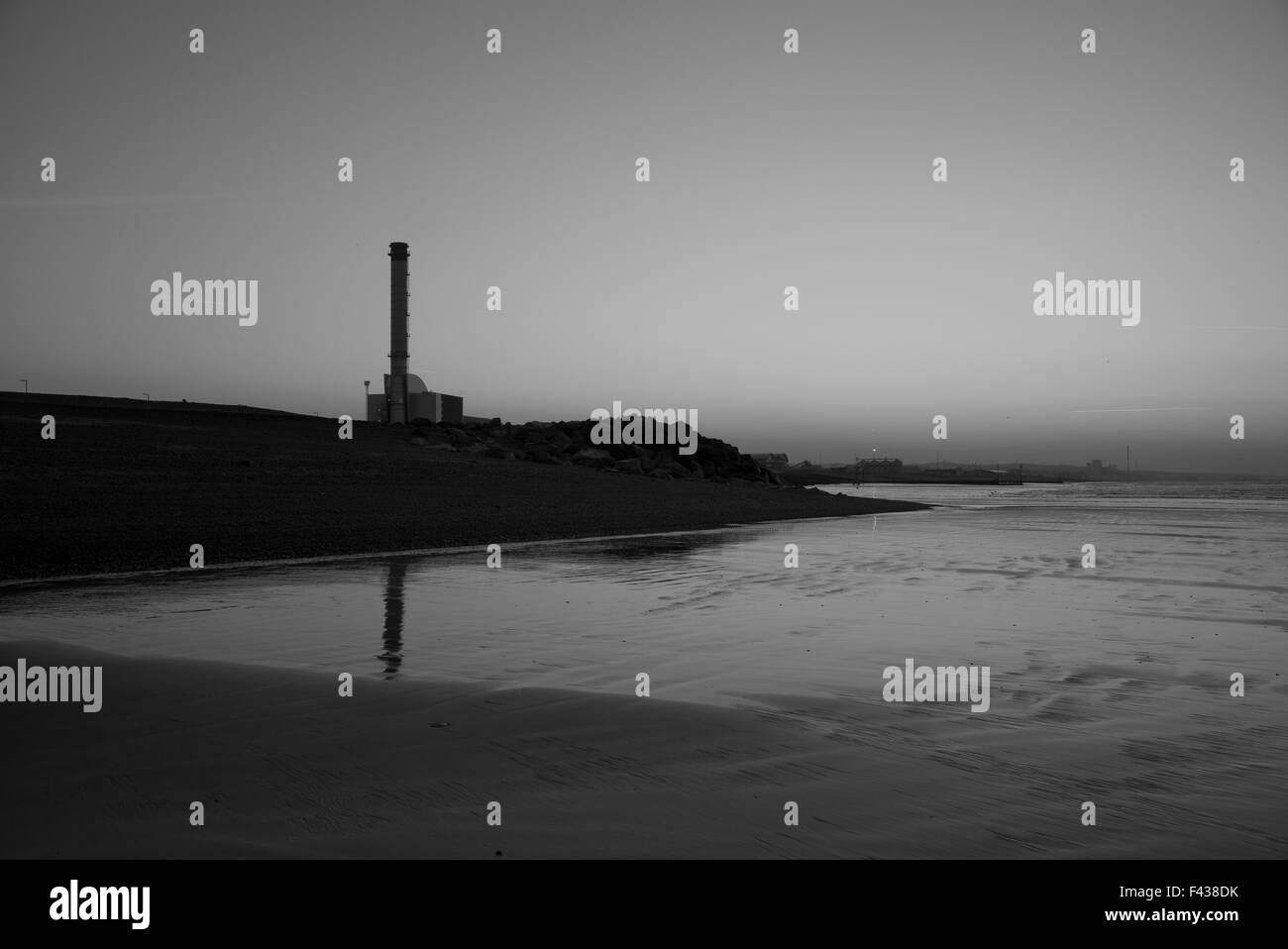 Coastal power station at dawn, low tide, black and white, Shoreham ...