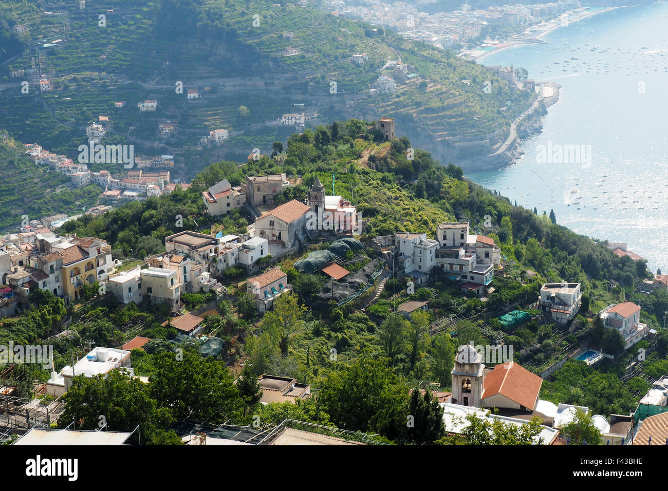 Dwellings on terraced hills along the coastline of the Amalfi Coast ...