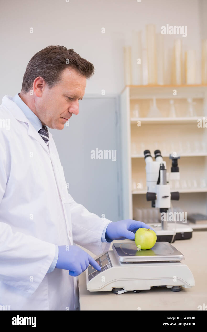 Scientist weighing apple Stock Photo - Alamy