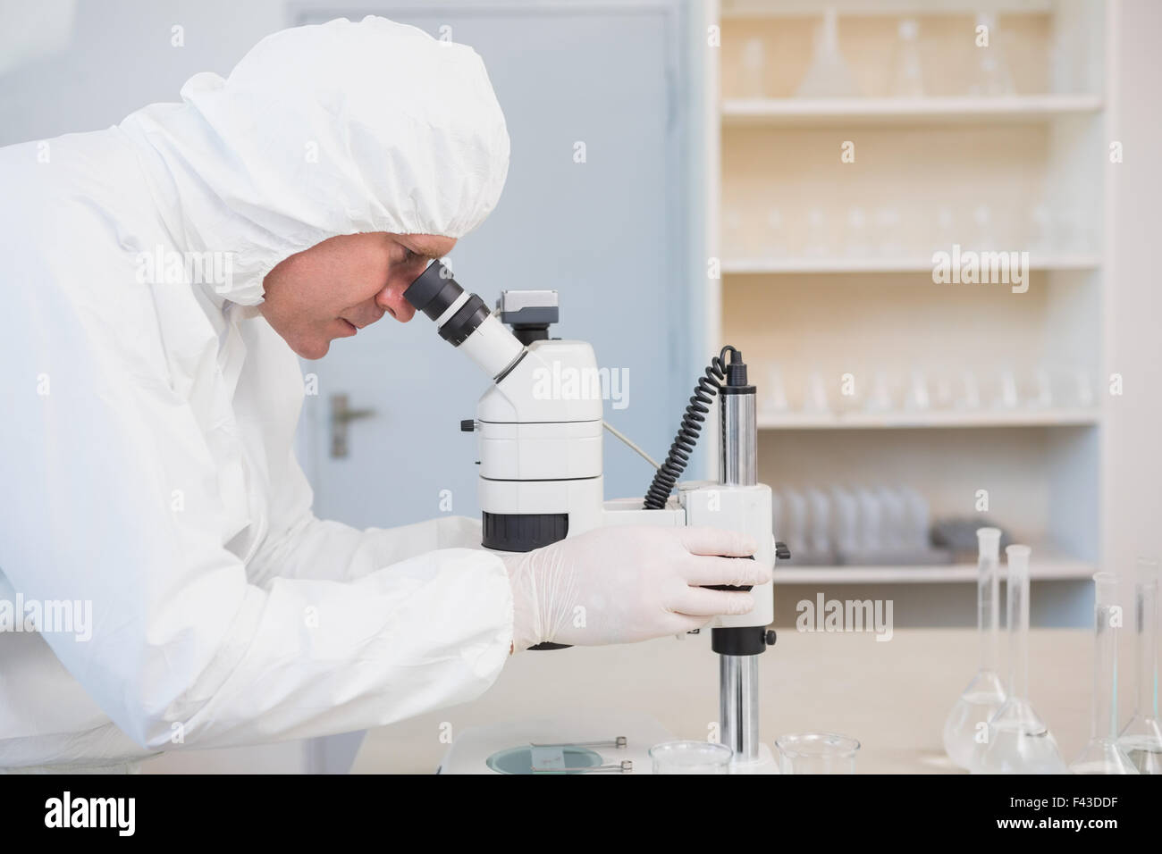 Scientist examining sample with microscope Stock Photo - Alamy