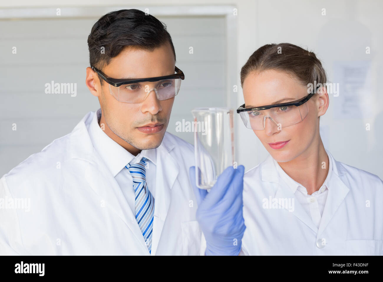 Concentrated scientists looking at beaker Stock Photo - Alamy