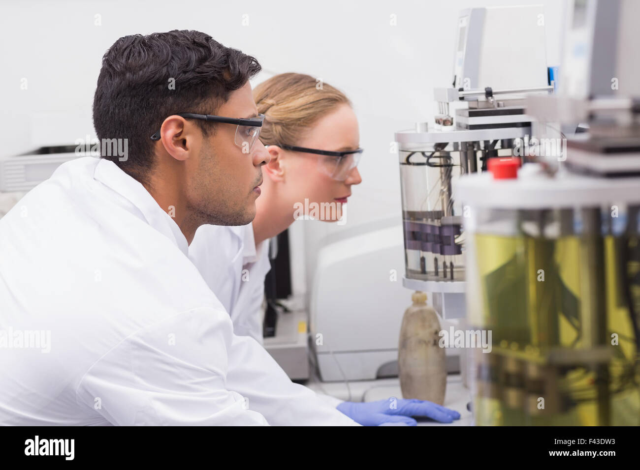 Concentrated scientists observing together Stock Photo - Alamy