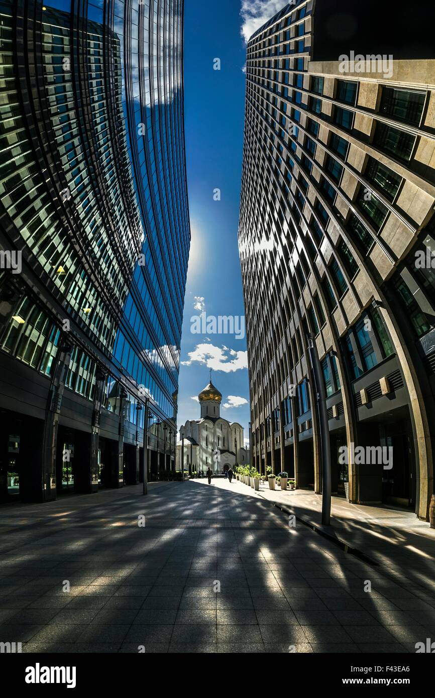 Russia, Moscow. 'White Square' Business Center and Temple of St ...