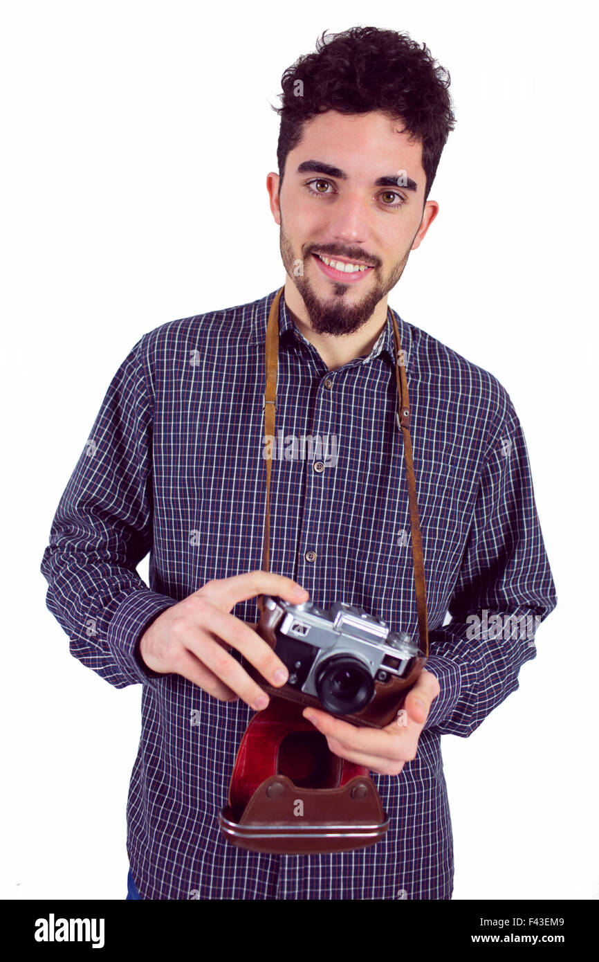 Casual man holding his camera Stock Photo - Alamy