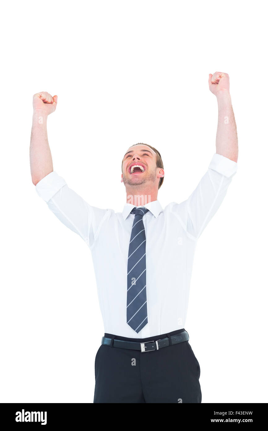 Handsome businessman cheering with arms up Stock Photo - Alamy