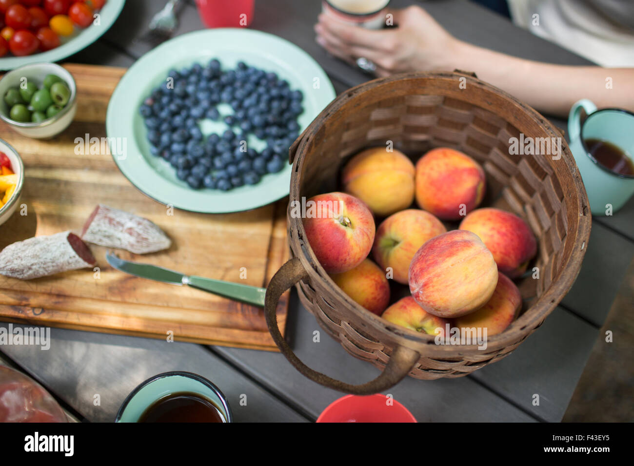 View from overhead of a picnic table with a basket of fresh peaches ...
